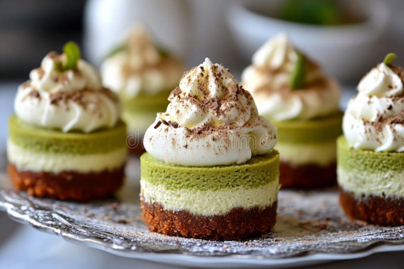 Mini Matcha Cheesecakes with Whipped Cream Topping Stock Image - Image ...