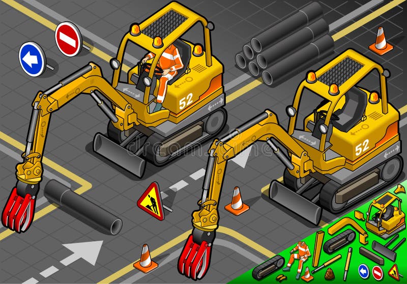Mini Mechanical Arm Excavator Isometrico in Front View Illustrazione ...
