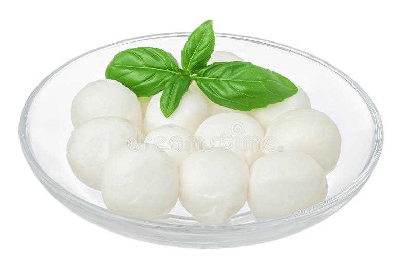 Mini Mozzarella Balls with Basil Leaf Isolated on White Background. Top ...