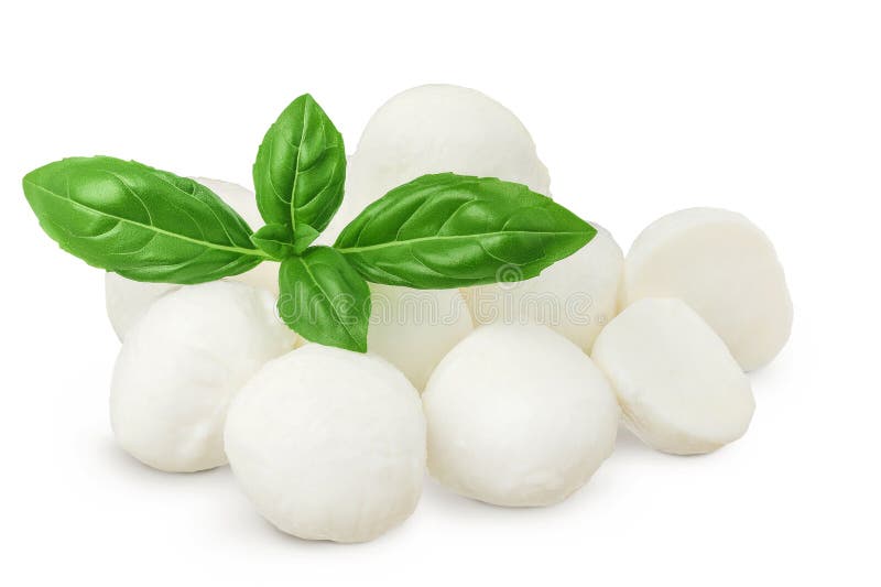 Mini Mozzarella Balls with Basil Leaf Isolated on White Background with ...