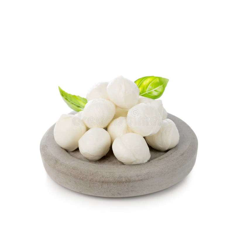 Mini Mozzarella Cheese Balls with Basil Isolated on White Stock Photo ...