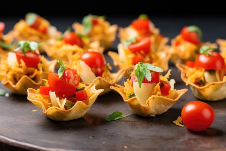 Mini Nacho Bites with Melted Cheese and Diced Tomatoes Stock Image ...