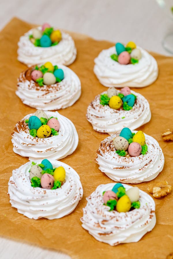 Mini Pavlova Meringue Nest with Eggs, Easter Sweets Stock Image - Image ...