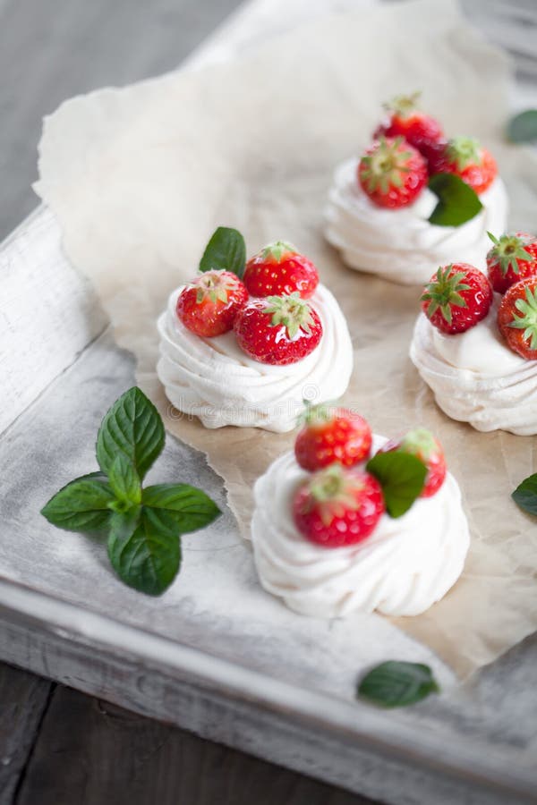 Set of Mini Pavlova Meringue Cakes with Fresh Berries Stock Image ...