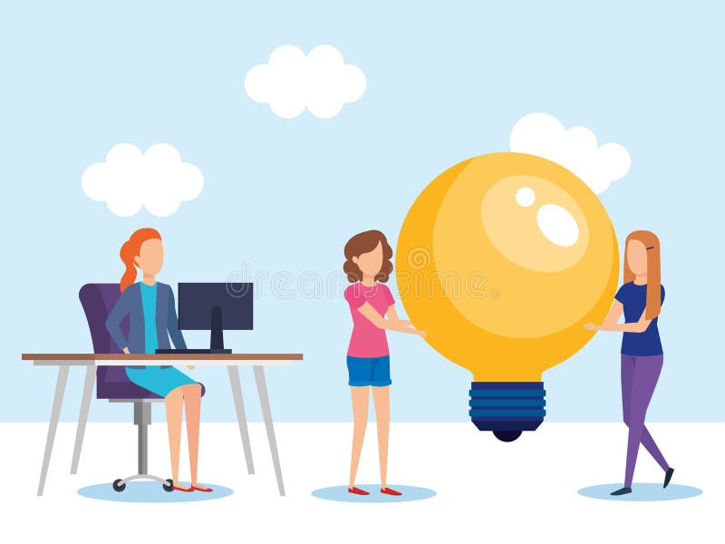 Mini People with Bulb Light Idea Vector Illustration Stock Illustration ...