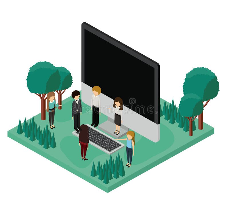 Mini People with Forest Scene and Desktop Computer Stock Vector ...