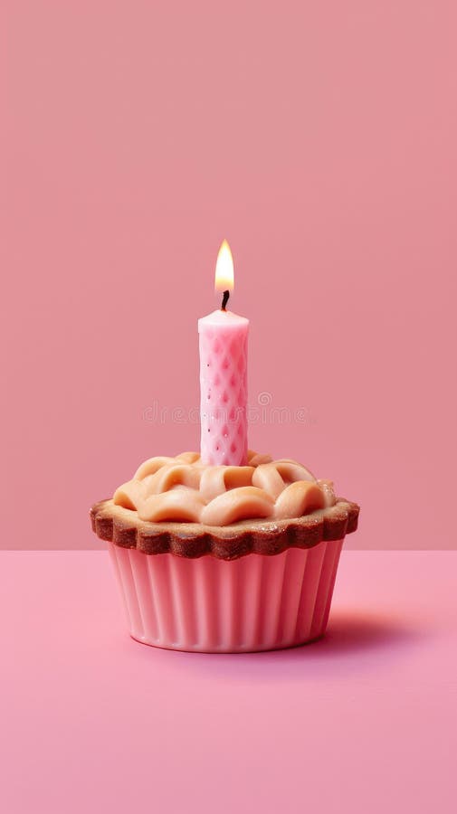 Mini Pie with One Candle on a Pink Background Greeting Card Design ...