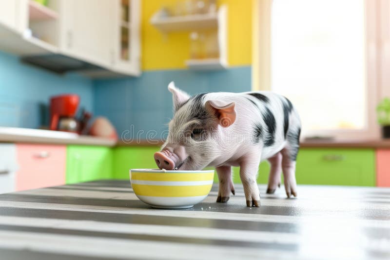 Mini Pig Eating from a Bowl in a Bright Kitchen Stock Illustration ...