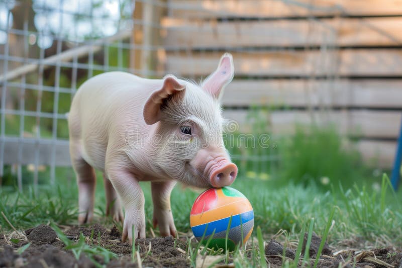 Mini Pig Playing with a Ball in a Fenced Garden Stock Image - Image of ...