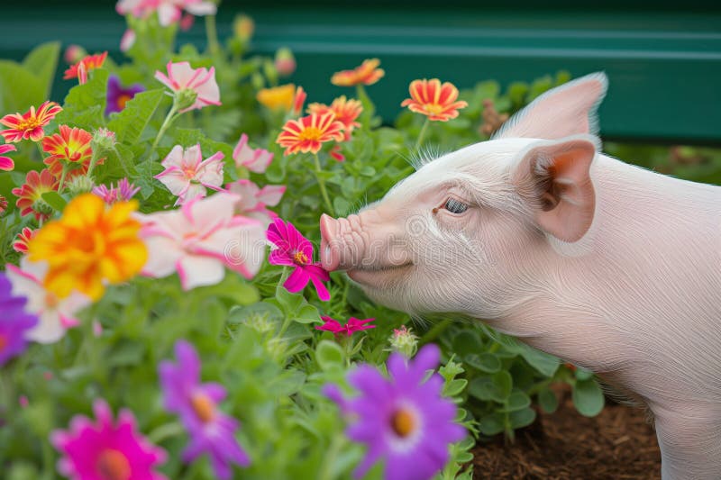Mini Pig Sniffing Flowers in a Vibrant Flowerbed Stock Image - Image of ...