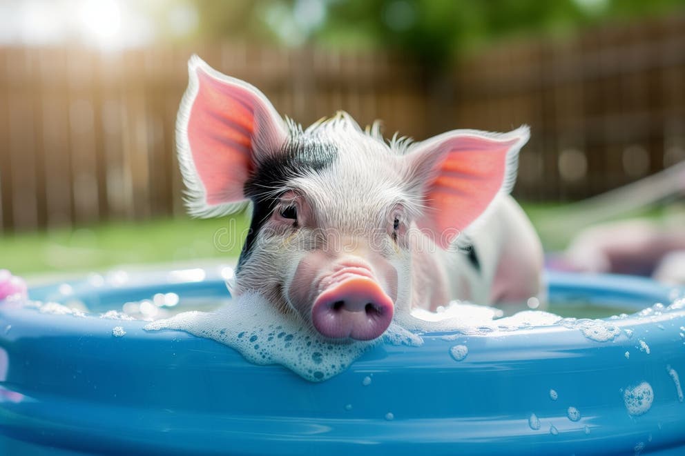 A Mini Pig Taking a Bath in a Shallow Outdoor Pool Stock Photo - Image ...