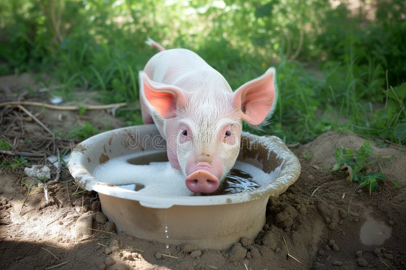 Mini Pig Taking a Bath in a Small Outdoor Tub Stock Image - Image of ...