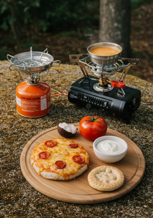 Mini Pizza and Camp Cooking Setup Outdoors Stock Illustration ...