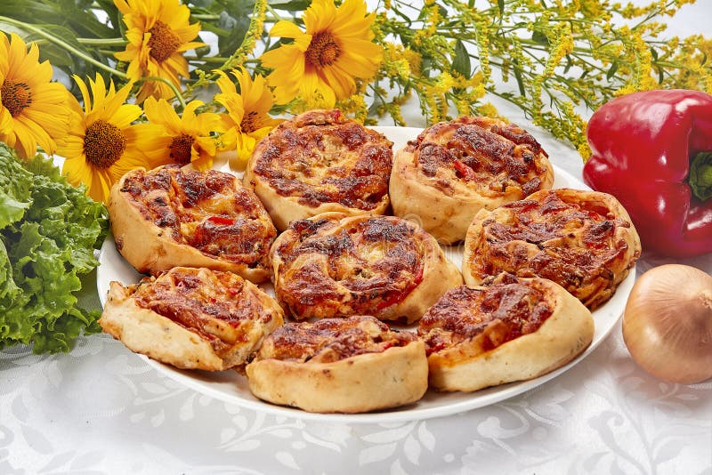Mini pizza with cod liver. stock image. Image of flowers - 116120741