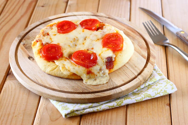 Mini Pizza. Homemade on Wooden Plate Stock Image - Image of onion ...