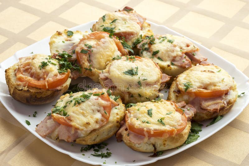 Mini Pizzas from Buns with Ham and Cheese Stock Image - Image of cheese ...