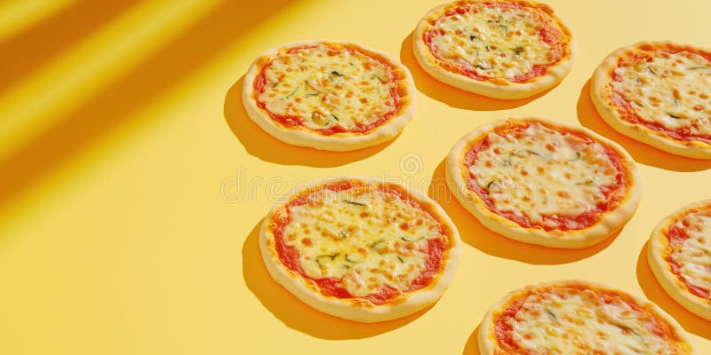 Mini Pizzas Creating a Pattern on Yellow Background with Dramatic ...