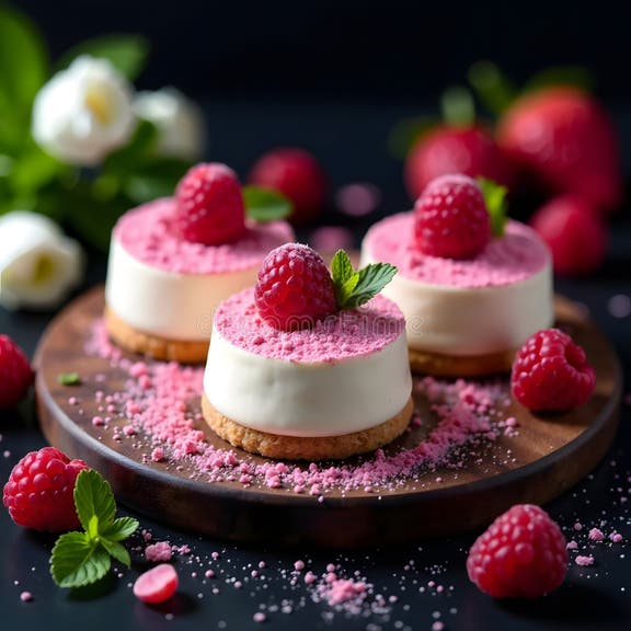 Mini Raspberry Cheesecakes with Biscuit Base on Wooden Plate and Dark ...