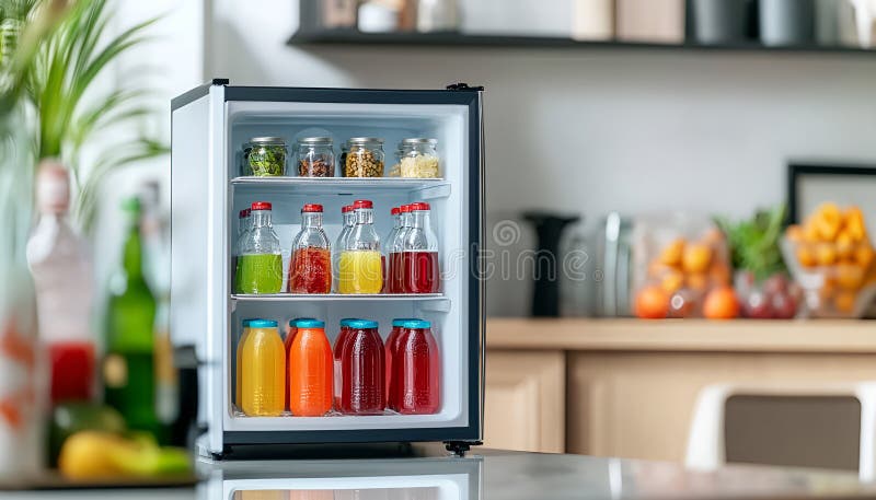 Mini Refrigerator with Different Drinks and Snacks Indoors Stock Photo ...