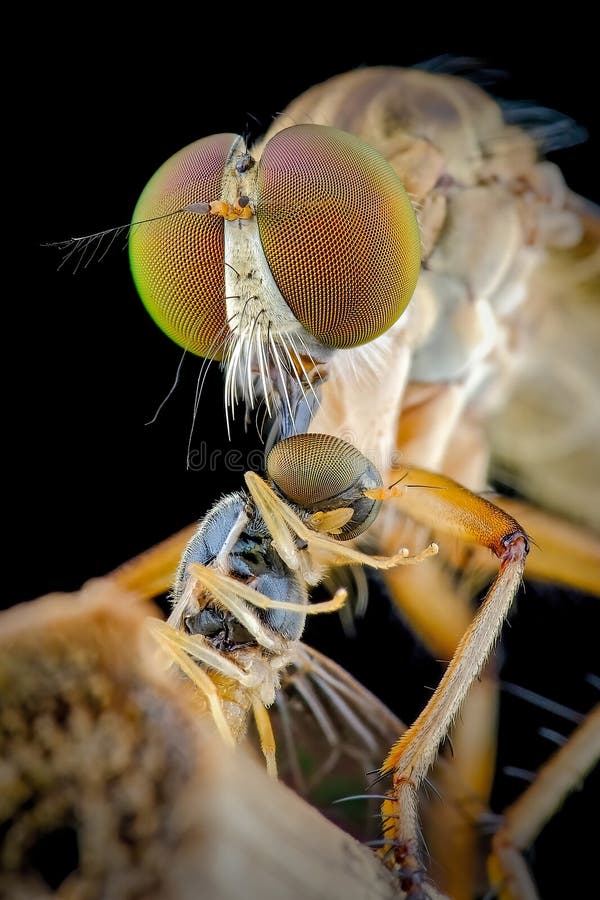 Mini Robber Fly with Prey on Black Background Stock Image - Image of ...