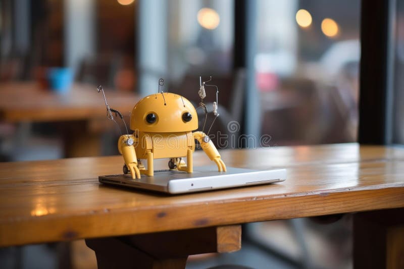 Mini Robot Laptop Stand on a Cafe Table Stock Illustration ...