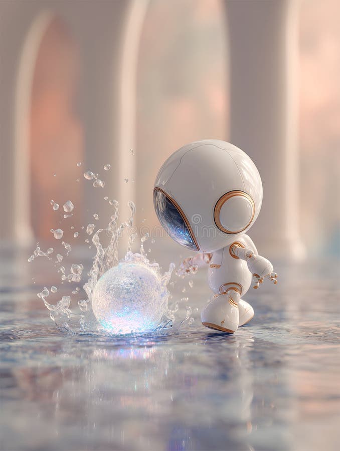 Mini Robot Plays with AGlowing Sphere in Water Splash. AI Generated Image. Stock Illustration ...