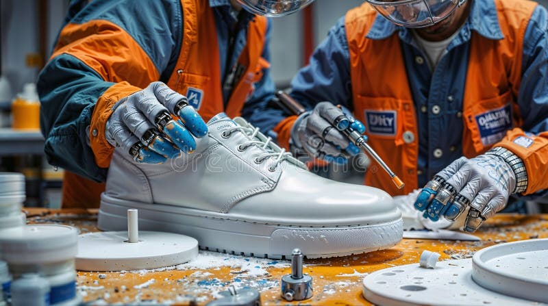 Mini Robots Assembling a Modern Leather Shoe with Precision Technology ...