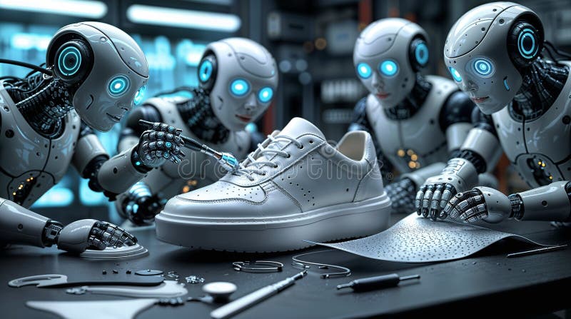 Mini Robots Assembling a Modern Leather Shoe with Precision Technology ...