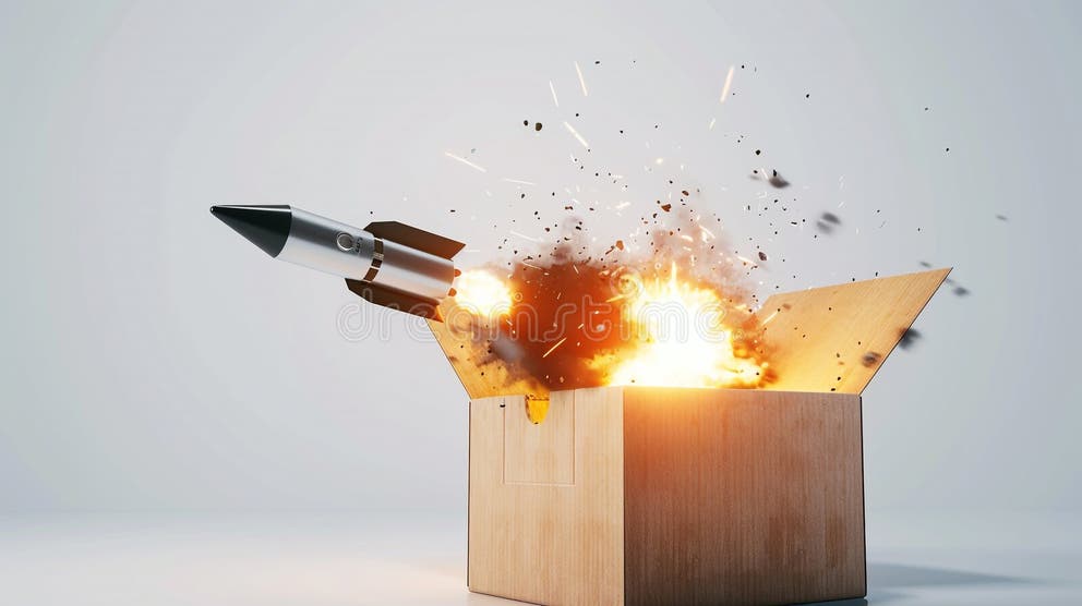 Mini Rocket Bursting from a Cardboard Box on White Stock Photo - Image ...