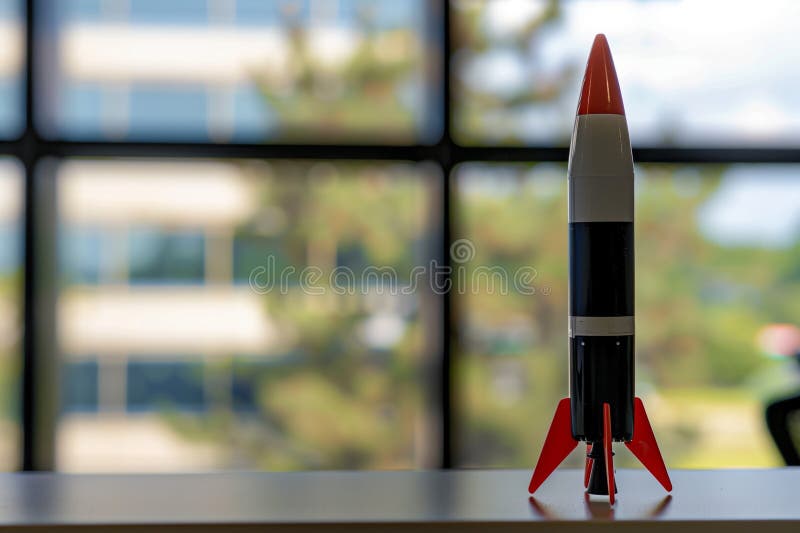 Mini Rocket in Focus in Front of Office Window View Stock Image - Image ...