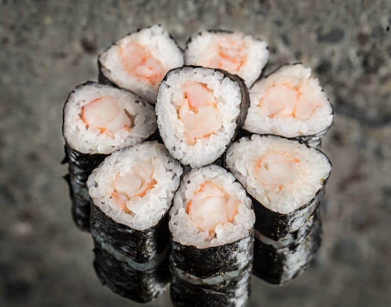 Mini roll with shrimp stock photo. Image of nori, japan - 91557110