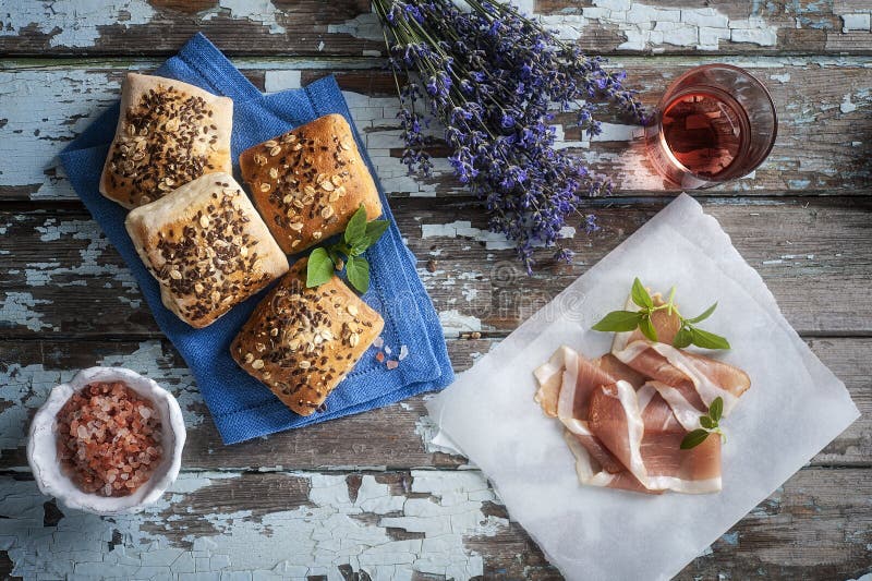 Mini Rustic Bread with Himalayan Salt, Rose Wine and Proscciuto Stock ...