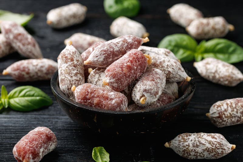 Mini Salami Snacks in Bowl. Salami Appetizer Bites Stock Photo - Image ...