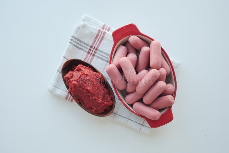 Mini Sausage in a Red Color Bowl on White Stock Photo - Image of mixed ...