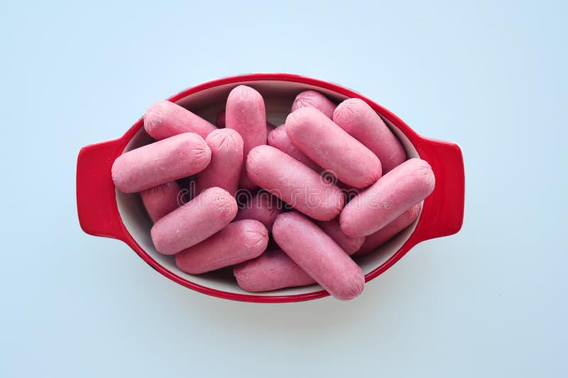 Mini Sausage in a Red Color Bowl on White Stock Image - Image of ...