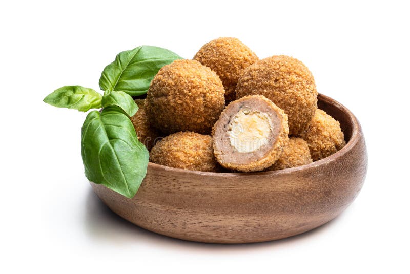 Mini Scotch Eggs in Wooden Bowl Isolated on White Stock Photo - Image ...