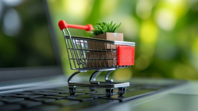 Mini Shopping Cart with Plant on Keyboard Stock Illustration ...