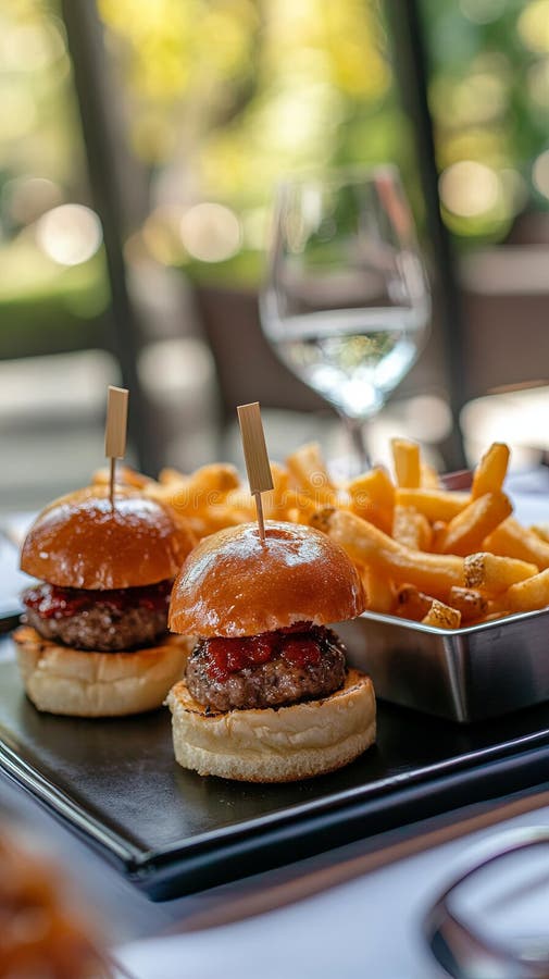 Mini Sliders and Fries Elegantly Served Midflight. Stock Photo - Image ...
