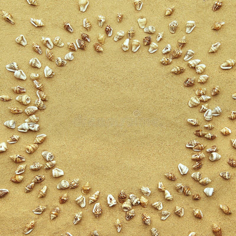 Circle Frame Made of Tiny Sea Shells on Beach Sand Background. Stock ...