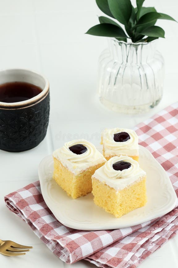 Mini Square Slice Cake with Bluberry Jam Topping Stock Photo - Image of ...