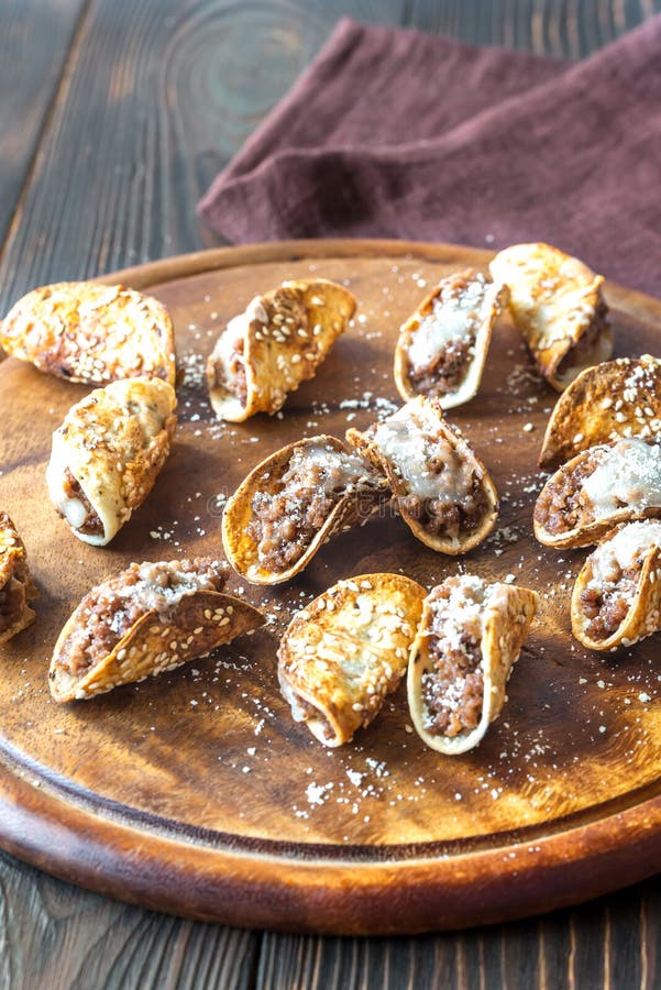 Mini Tacos with Ground Beef Stock Image - Image of board, mozzarella ...