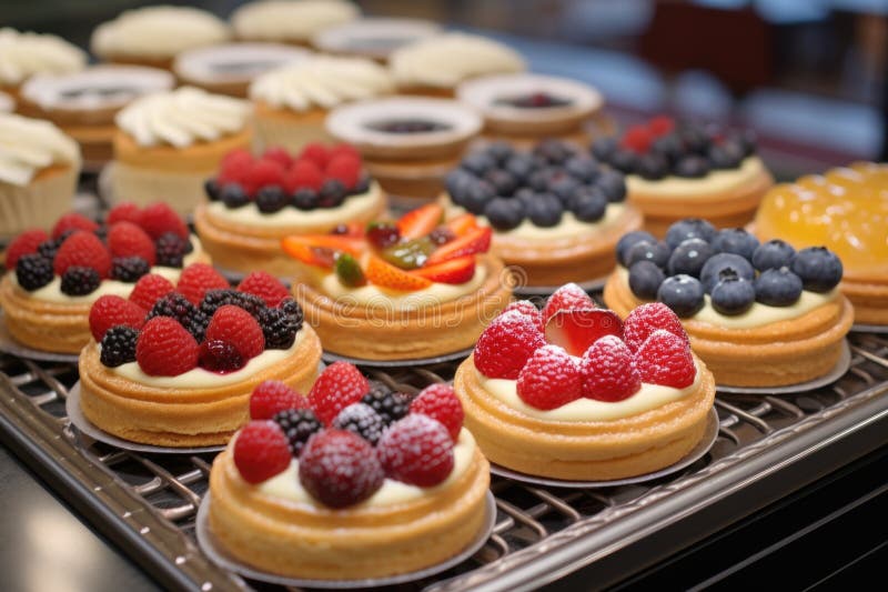 Mini Tarts with Assorted Berries in a Bakery Case Stock Illustration ...