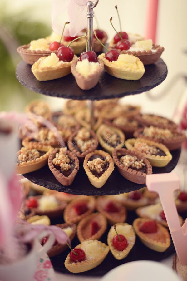 Mini Tarts with Chocolate Vanilla and Cherry Stock Image - Image of ...