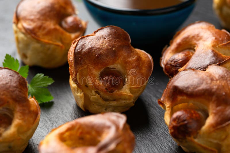 Mini Toad in the Hole, Baked Sausages in Yorkshire Pudding with Gravy ...