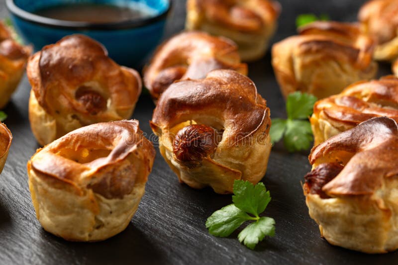 Mini Toad in the Hole, Baked Sausages in Yorkshire Pudding with Gravy ...
