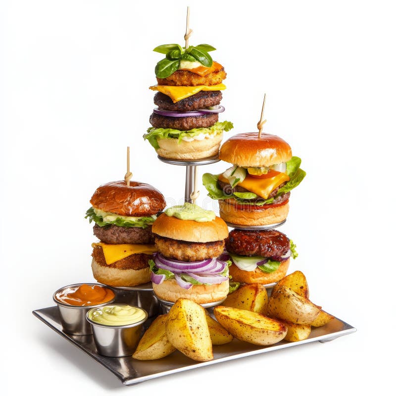 A Mini Tower of Sliders Featuring Beef, Chicken, and Veggie Patties ...