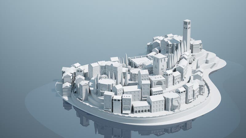 Mini Toy Old City Down Town on Small Iland, 3d Rendering Stock ...