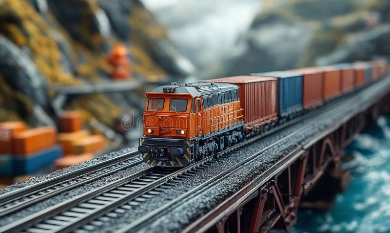 Mini Train Crosses Bridge with Cargo in a Scenic Landscape Stock Photo ...