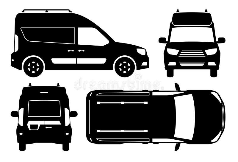 Mini Bus Silhouette Vector Illustration with Side, Front, Back, View ...