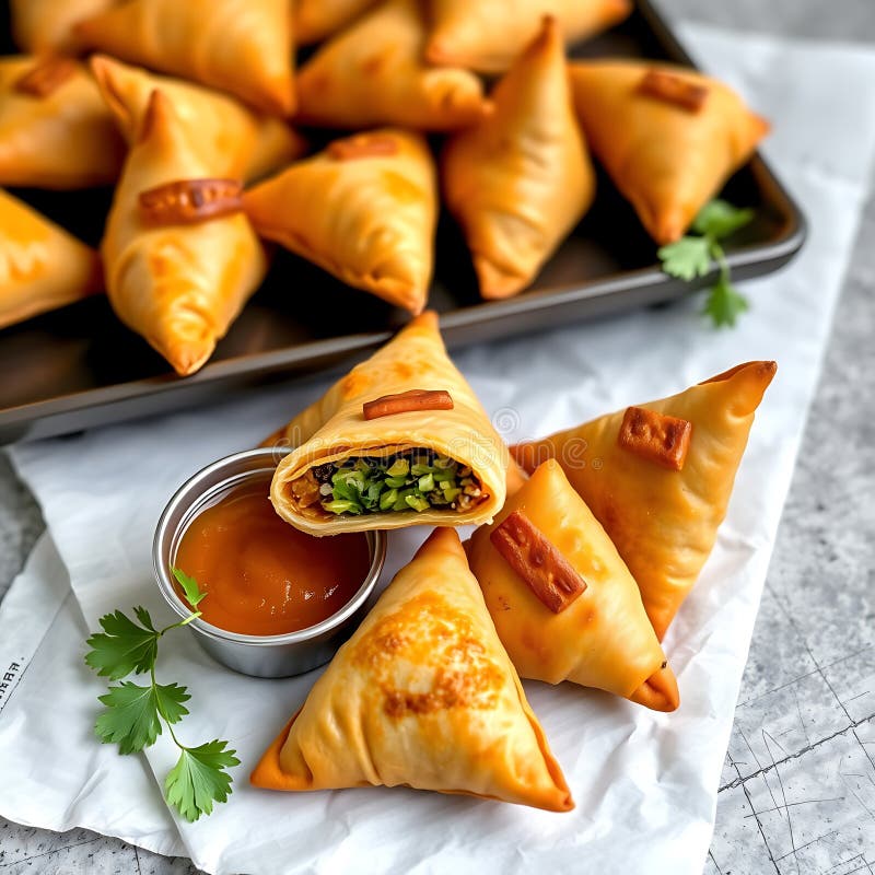Mini Vegetable Samosas with a Crispy Golden Crust Served with a Side of ...